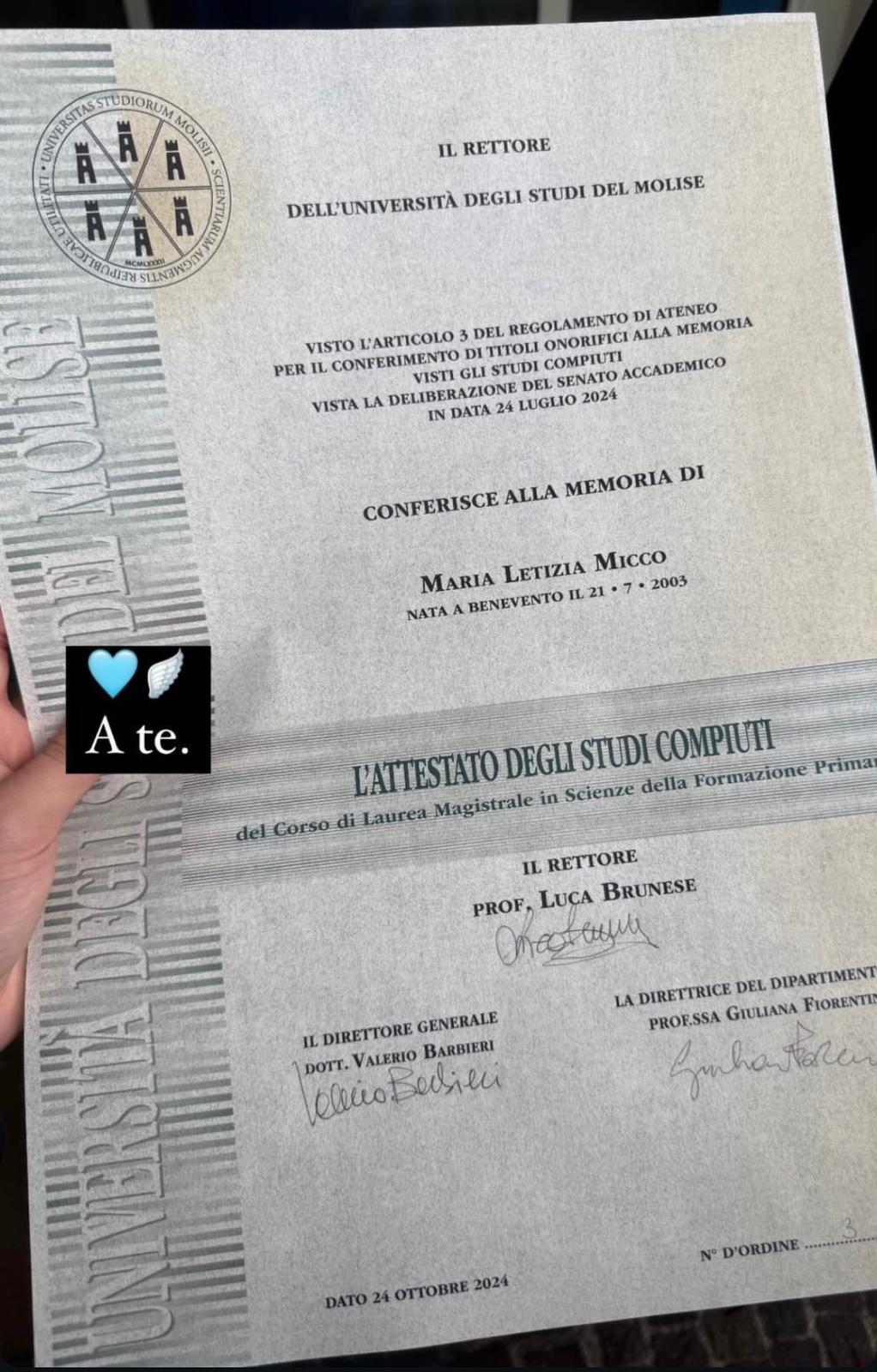 Unimol, laurea alla memoria alla studentessa morta in un incidente ...
